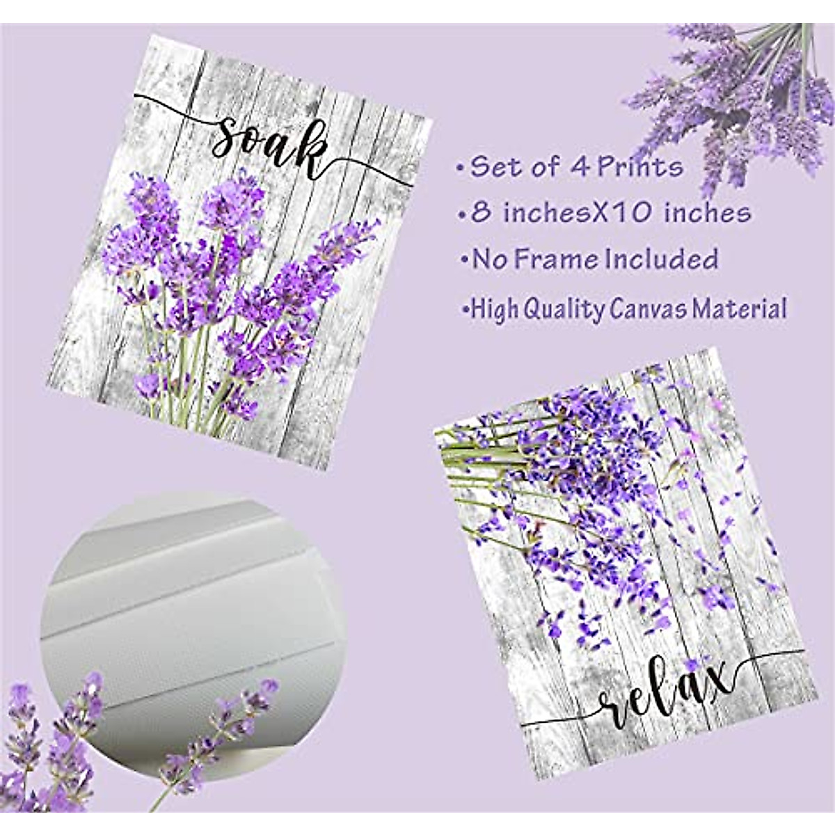 Purple Bathroom Decor Wall Art Set of 4(8" x 10"Canvas Wall Art Relax Soak Unwind Breathe Purple Blend Bathroom Flower Prints For Washroom Toilet Decor (Unframed)