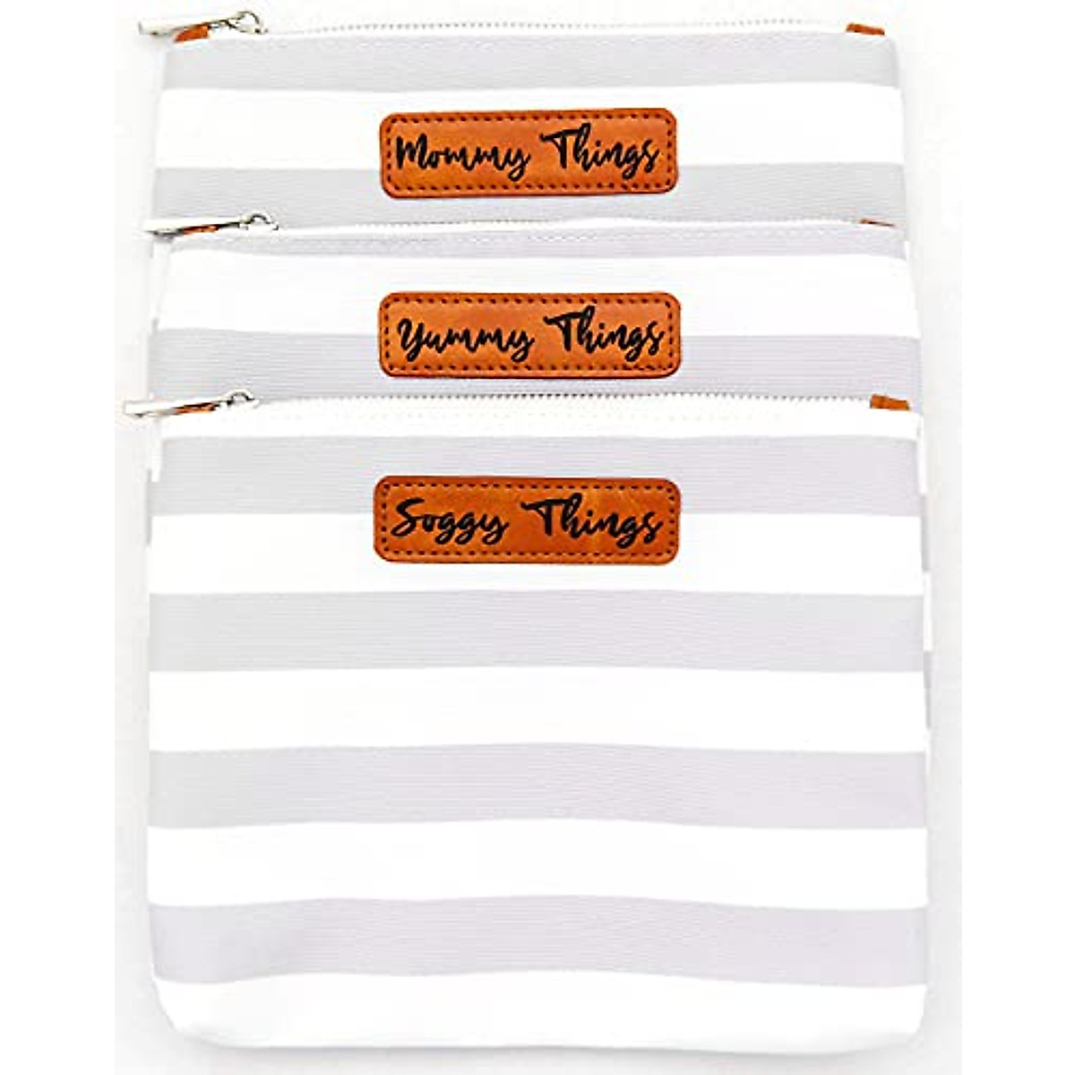 Stylish Diaper Bag Organizing Pouches - XL Set of 4 Gray and White Striped Canvas Diaper Bag Pouches with Leather Embossed Labels, Leather Wristlet Strap & Durable Metal Zippers