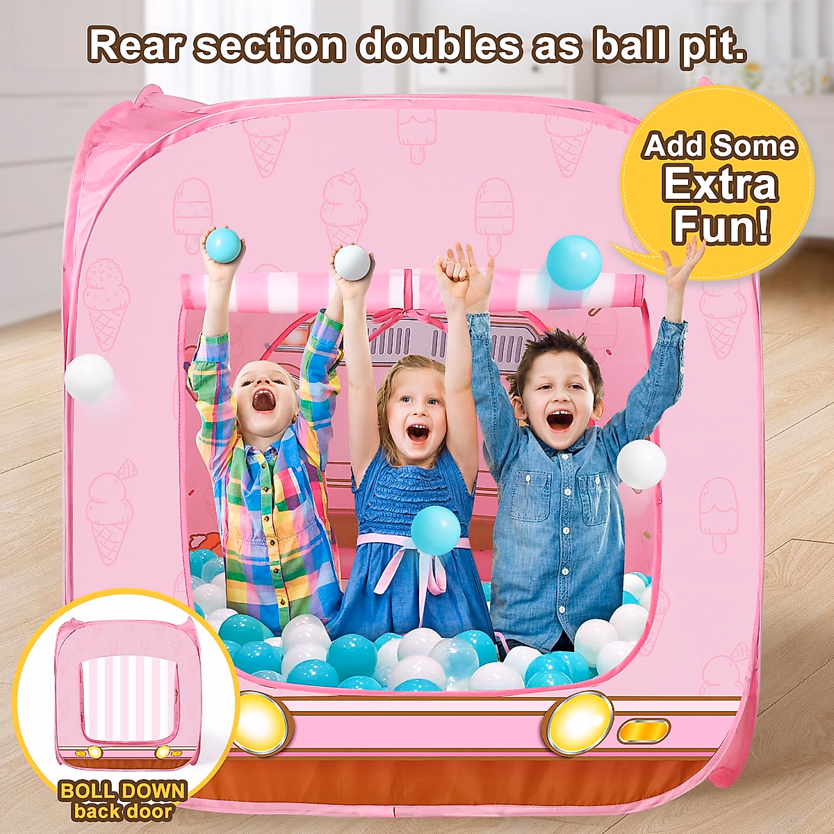 Ice Cream Truck Play Tent for Kids, 45 Pc. Pretend Play Toy Food Set, Pop Up Playhouse with Children’s Play Tent Ball Pit, Great Gifts for Toddlers, Baby, Boys & Girls（Ball Pit Balls Not Included）