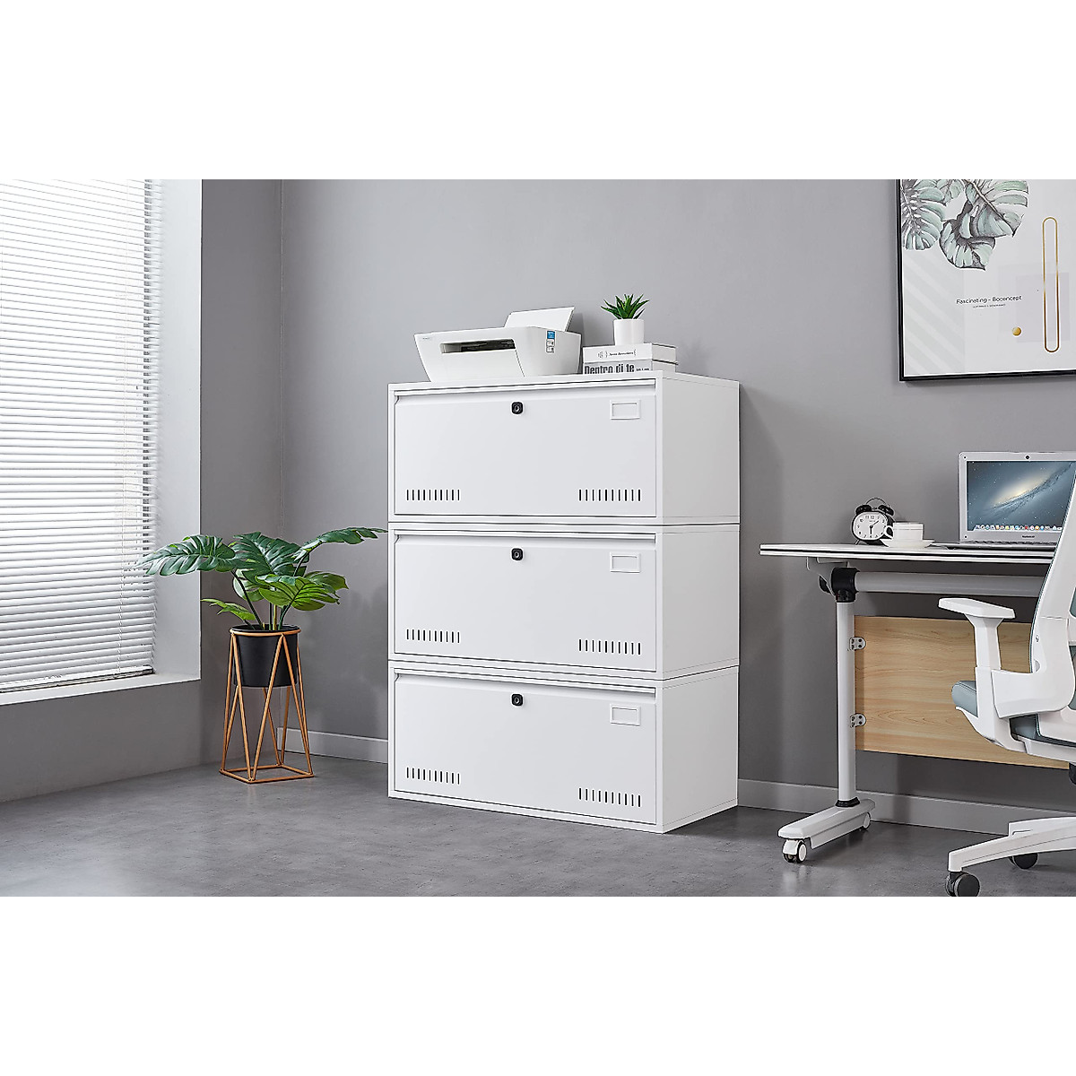 Voohek, Large Biometric Fingerprint Lateral, Steel Storage Drawer Metal Filing Cabinet with Hanging Rod for Letter/Legal/A4 Size, for Home Office Using (White)