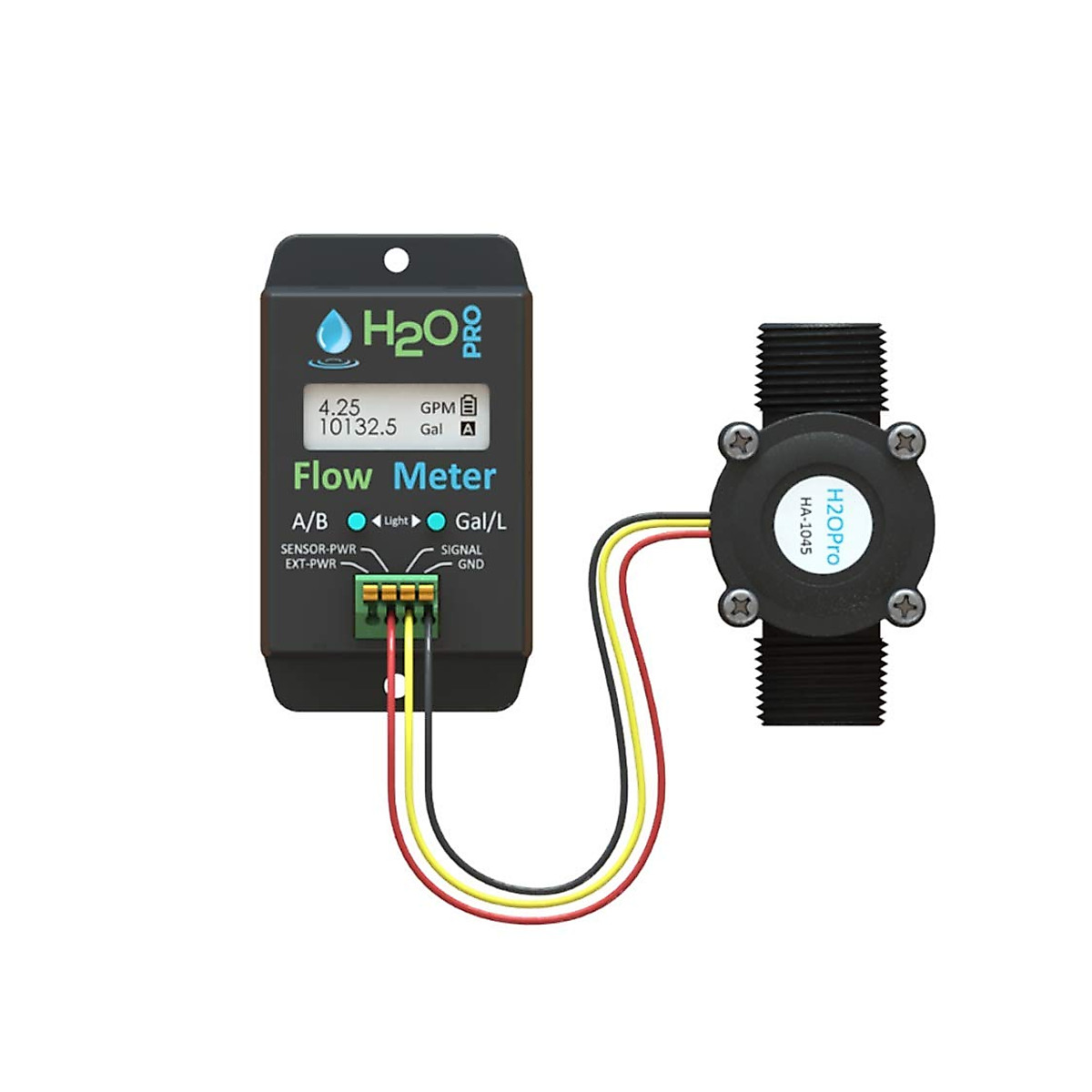 Flow Meter Including Flow Sensor, Digital Display, Flow and Accumulated Volume Measurements in Gallons or Liters, 2 AA Batteries or 1.8-5.5VDC External Power Supply, New! Longer Battery Life