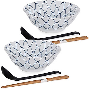 Happy Sales HSRBS-LTSM2, Multi Purpose Large Bowls Japanese Minoyaki Porcelain Ramen Bowl Set 34 fl oz With Melamine Spoons, Bamboo Chopsticks Noodle Bowls Set Made in Japan, Lotus design