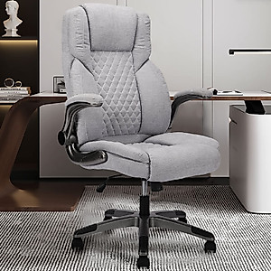 REFICCER Executive Office Chairs with Wheels, Fabric 90-120°Rocking Managerial Chair, Ergonomic High Back Swivel Home Desk Chairs with Flip up Arms and Height Adjustment, (Grey)
