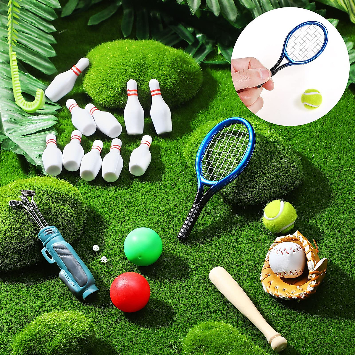 Skylety 23 Pieces Dollhouse Miniature Sports Set Mini Golf Baseball Tennis Bowling Tiny Golf Ball Clubs Ball Bats Racket Mini House Decoration Accessories for Dollhouse Collection Cake Topper Decor