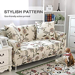 Lamberia Printed Sofa Cover Stretch Couch Cover Sofa Slipcovers for 3 Cushion Couch with Two Pillow Cases (3 Seater, New Blooming Flower)