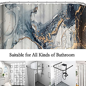 waeyeitery 4PCS Blue Brown Marble Bathroom Shower Curtain Sets with Rugs,Toilet Lid Pad Cover and Bath Mat with 12 Hooks, Abstract Marbled Art Bathroom Decor Set, Polyester, Waterproof, 72' Wx72 L