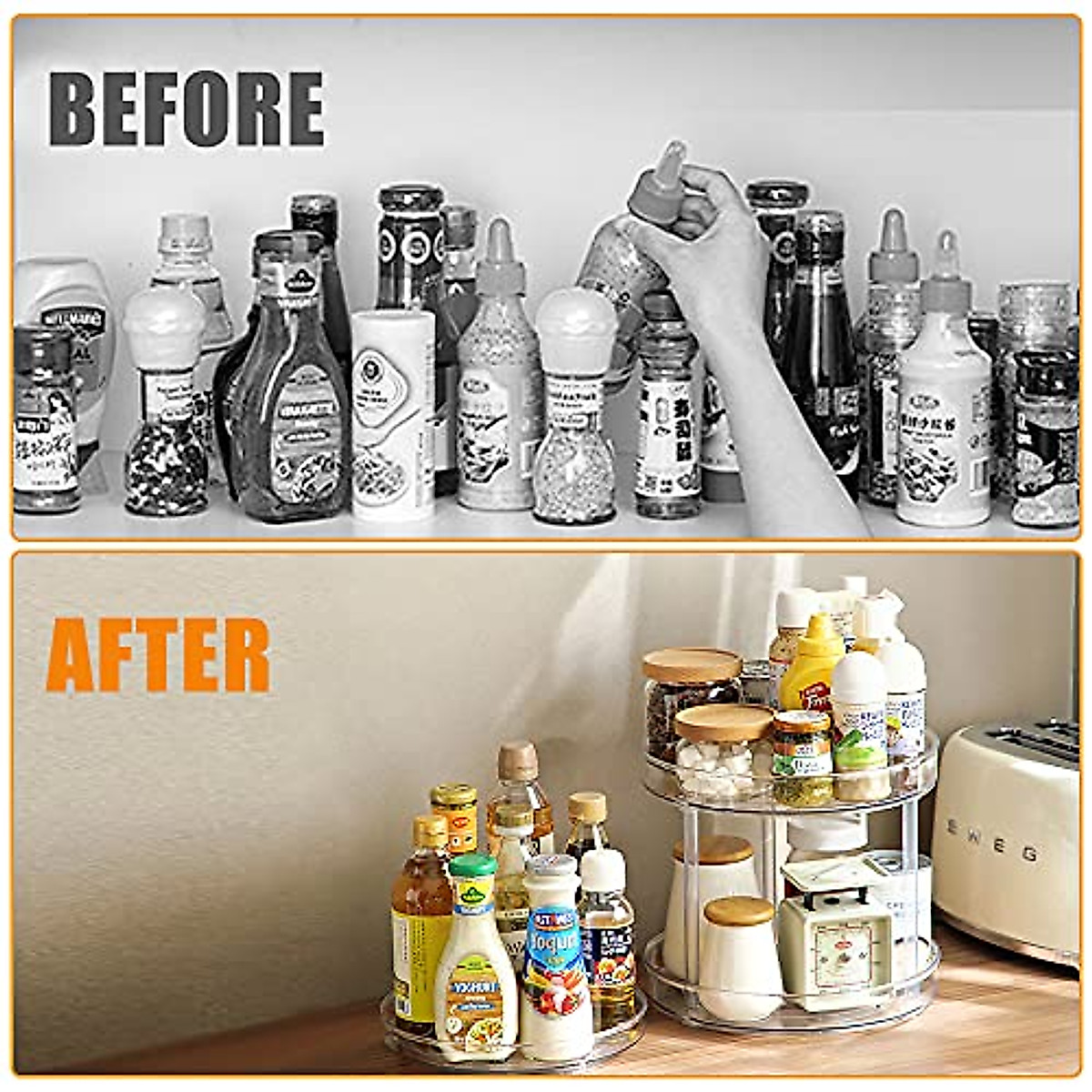 Eeci Lazy Susan Turntable 2-Tier Spice Rack Spinning Cabinet Organizer Rotating Condiment Tray Spinner for Pantry Kitchen Vanity Bathroom Jewelry Container Makeup Holder Cosmetic Storage 9Inch Clear