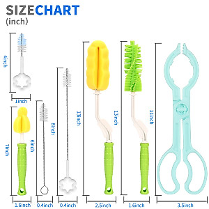Xpovouetpa 7 Pcs Baby Bottle Brush Cleaner Set,Slicone Bottle Brush Sponge Bottle Scrubber Straw Cleaning Brush for Baby Bottles, Water Bottles, Straws, Tumblers, Wine Decanters,Flask and More(Green)