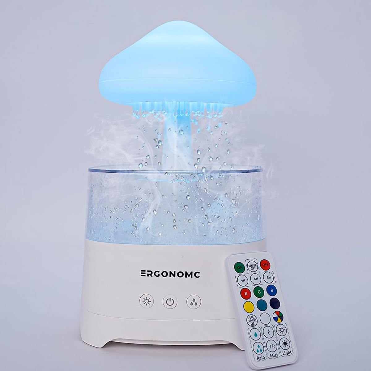 Rain Cloud Humidifier Water Drip, 2X Cool Mist Rate Ultrasonic Aromatherapy Diffuser by Ergonomc: Remote Controlled, 7 Color Night Light, 450ml, Auto Shut Off, Mushroom Humidifier, 1Yr Warranty