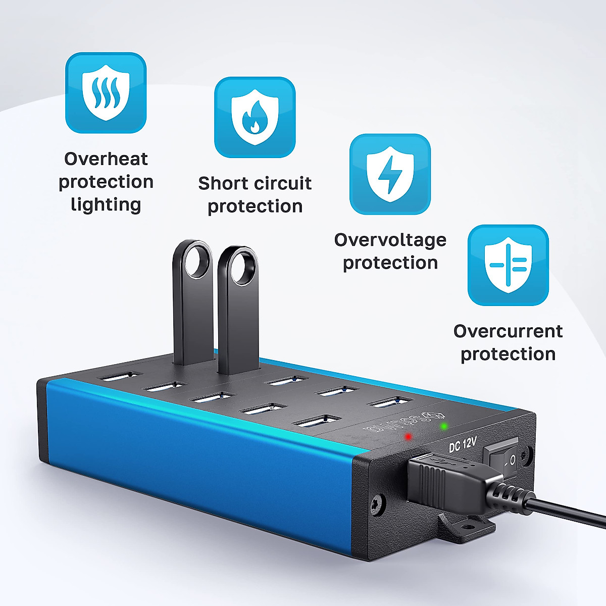 USB 3.0 Powered Hub - Multi-safety 10-Port Hub 3.0 with Adapter - Aluminum USB Splitter with Mounting Brackets - Extra USB Ports for Laptops & PC