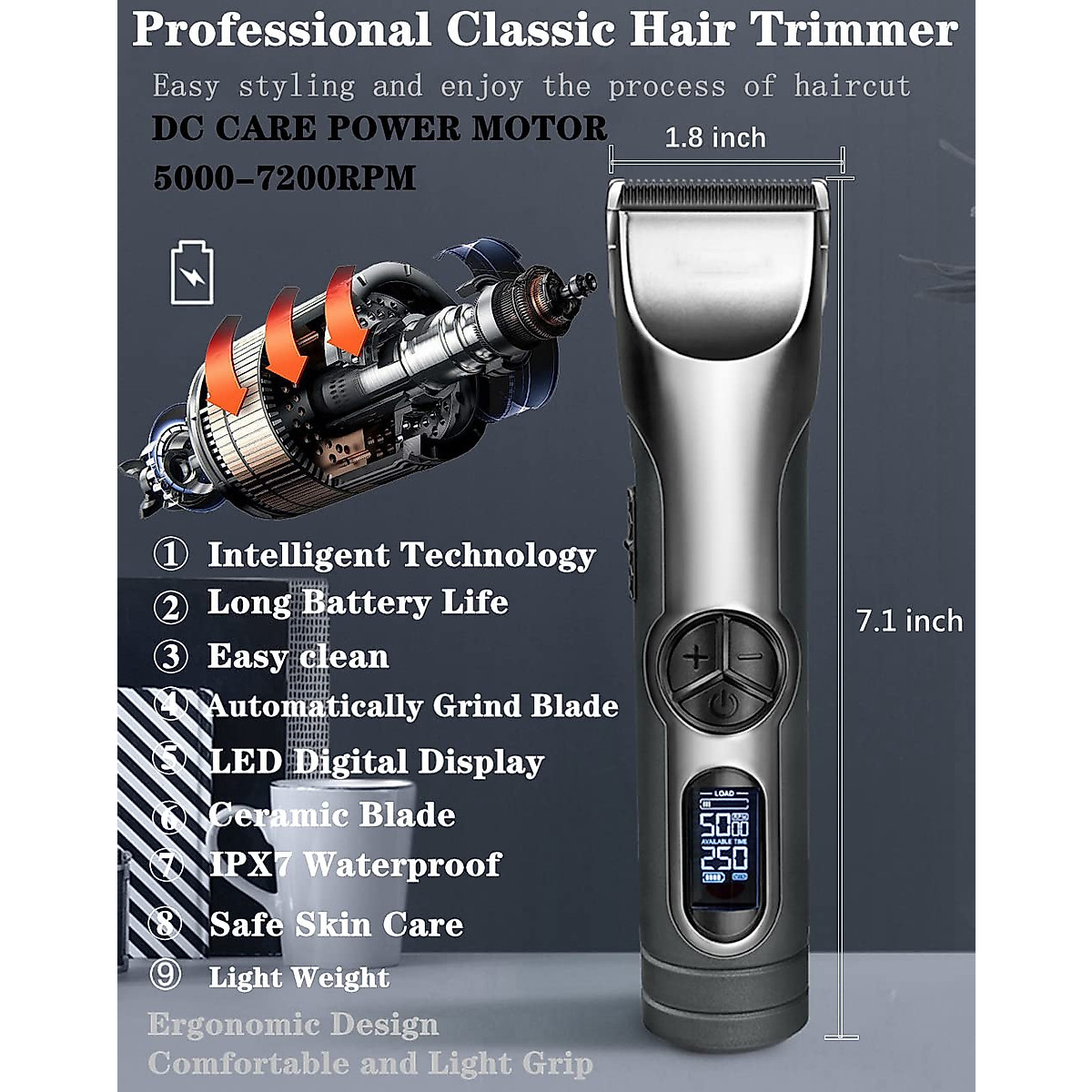 Professional Hair Hair Clippers for Men,T-Blade Zero Gapped Cordless Hair Trimmer Edger Clipper for Hair Cutting Rechargeable Hair Liners Electric Beard Trimmer Shaver With LED Display (sliver)