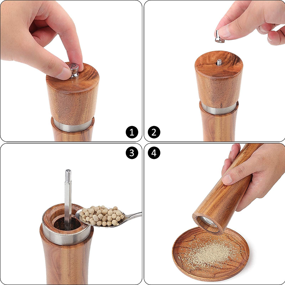 Pepper Grinder, VanlonPro Wooden Pepper Mill Salt Mill, Adjustable Coarseness Peppermill and easily refillable, Ceramic Grinding Mechanism (10 Inch, 2 Pack)