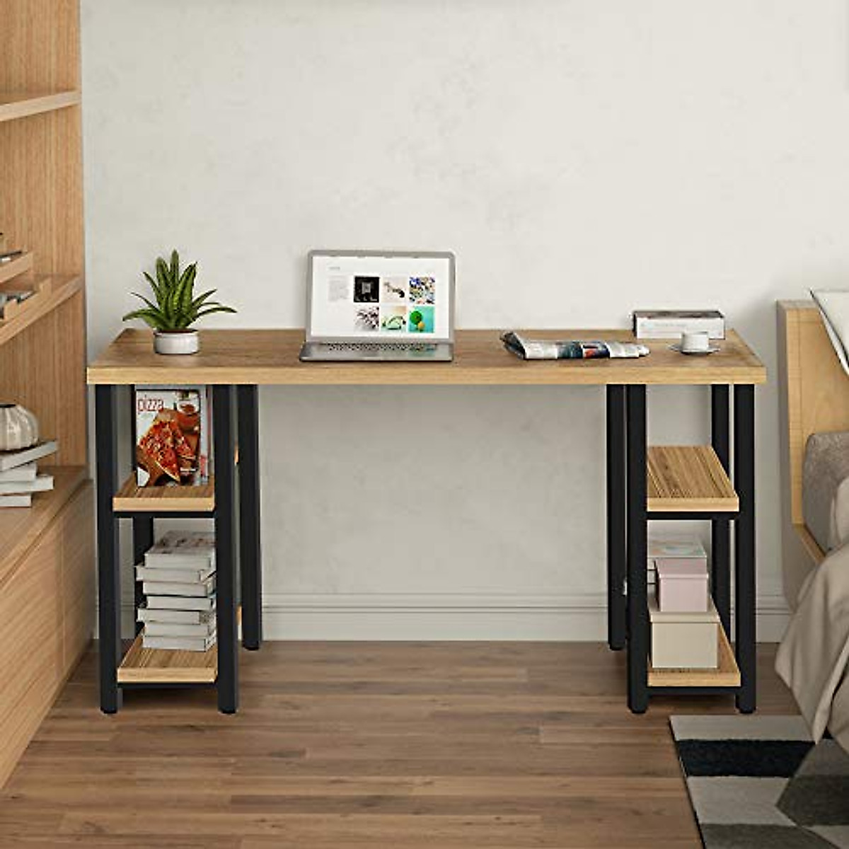 Coral Flower Landisl Desk,Simple and Modern Design,with Four Open Shelves for Books, Office Supplies or Accessories Within Easy Reach，Light Oak