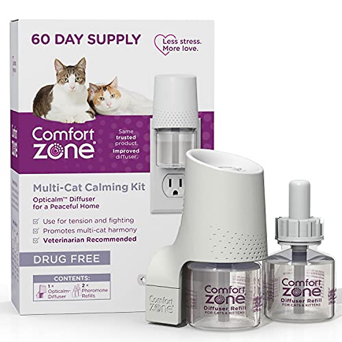 Comfort Zone Multi Cat Calming Diffuser Starter Kit: 1 Diffuser & 2 Refills; Pheromones to Reduce Cat Fighting, Spraying & Scratching