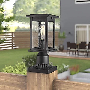 Emliviar Outdoor Post Light Fixtures, 1-Light Pillar Light in Black Finish with Seeded Glass, 1803EW1-P
