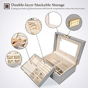 LANDICI Jewelry Organizer Box for Women Teen Girls,Large Jewelry Storage Case with Mirror,2 Layer Removable Stackable Tray,Leather Jewellery Display Holder for Ring Necklace Earring Bracelets,Grey