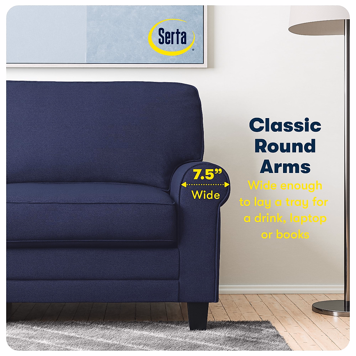 Serta Copenhagen 73" Rolled Arm Sofa, Easy Care Polyester, Soft Pillow Back, Pocket Coil Seat Cushions, Removable Covers, Loveseat or Couch for Small Spaces, Living Rooms or Bedrooms, Navy Blue