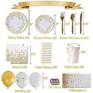 White and Gold Party Supplies Disposable Set 226 Pieces Serves 25 Guests Golden Dots Party Dinnerware, Paper Plates Napkins Cups, Gold Plastic Forks Knives Spoons Balloons for Wedding Birthday Party