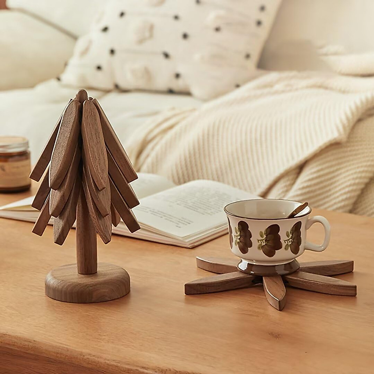 Wooden Trivets for Hot Dishes, Tree Shape Trivet Set for Hot Dish, Tree Table Mat Wooden Trivet for Hot Dishes Bowl, Foldable Kitchen Wooden Trivet with 5 Wooden Trivets, 1 Stand(Walnut Wood)