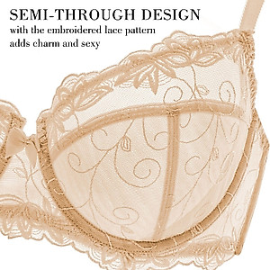 Wingslove Women's Sexy Lace Plus Size Embroidered Sheer Unpadded Underwire Unlined See Through Bra (Nude, 36G)