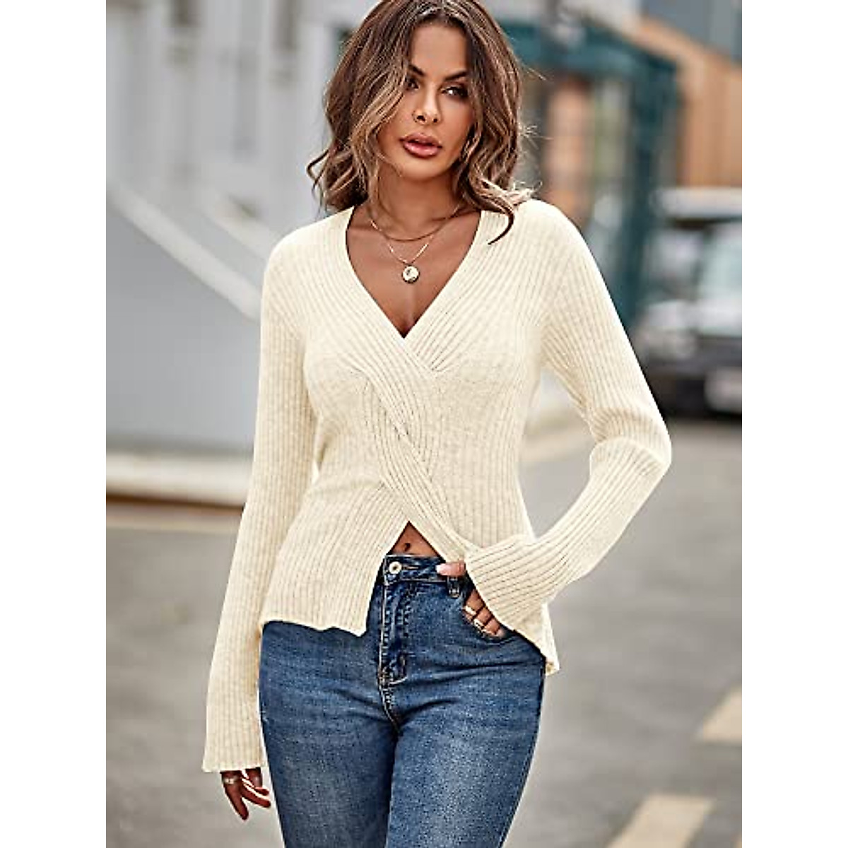ZAFUL Women's Criss Cross V Neck Sweaters 2024 Dressy Casual Front Slit Ribbed Knit Pullover Sweater Jumper Tops Cream