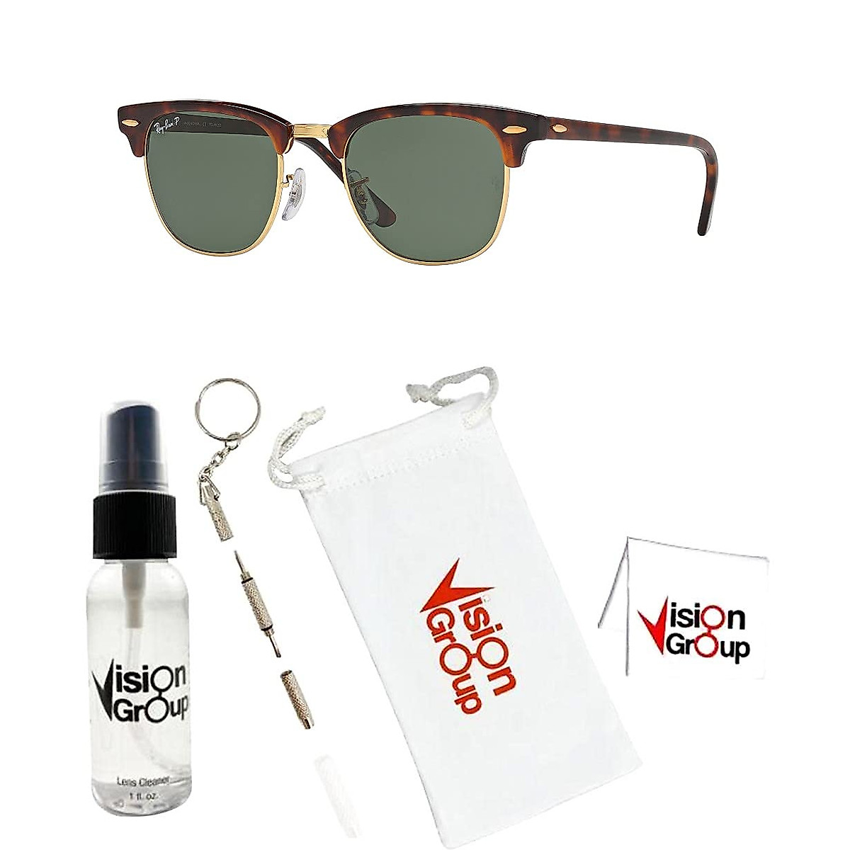Ray-Ban RB3016 Clubmaster Sunglasses+ Vision Group Accessories Bundle(Red Havana/Crystal Green Polarized (990/58),49) for unisex-adult
