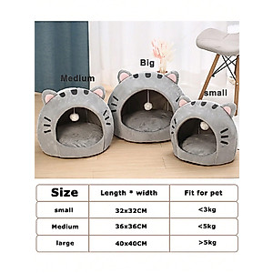 QWINEE Indoor Cat Bed Cave with Removable Cushion - Pet Plush Tent House Cartoon Ear Design Pet Bed with Pompom for Cats Kitten Dogs Puppy and Rabbit Multicolor L