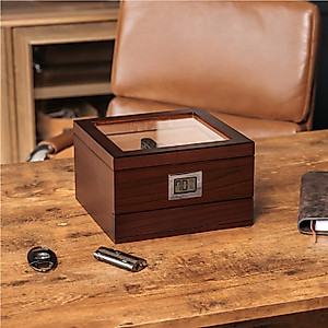 CASE ELEGANCE Glass Top Humidor with Thick Cedar, Easy humidification System, Accurate Digital Hygrometer - Renzo, Brown