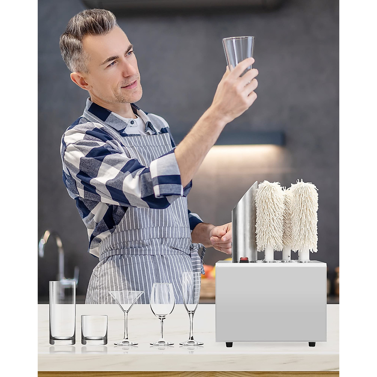 GAOMON Electric Wine Glass Polisher with 5 Pure Cotton Brushes and A High-power Heater, Stainless Steel Commercial Glass Polisher, Suitable for Bars, Kitchens and Restaurants