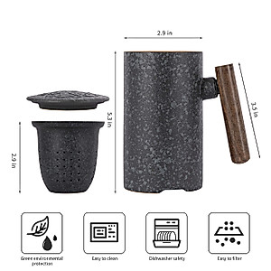Fosenw Ceramic Tea Mug, Tea Cup with Lid,Infuser and Wooden Handle, 14 oz, Bluestone