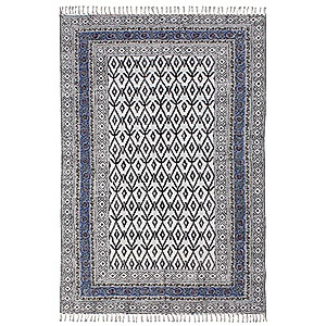 Casavani Hand Block Printed Rug Floral Blue & Beige Tassel Rug Boho Area Rug Easy Care Washable Rugs for Doormat Entryway Living Room Bedroom Hallway Balcony 12x12 Feet Square