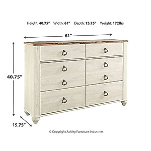 Signature Design by Ashley Willowton Coastal Cottage 6 Drawer Dresser with Faux Plank Top, Whitewash