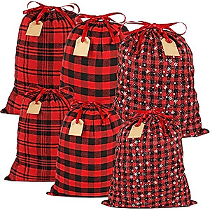 HRX Package Big Fabric Drawstring Gift Bags, 6pcs Reusable Christmas Sacks Red and Black Buffalo Plaid Cloth Pouches for Xmas Presents Party Favor