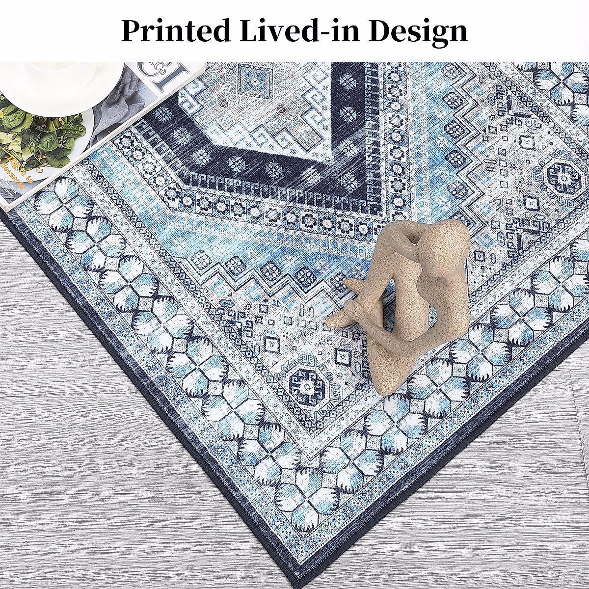 GarveeHome 8x10 Washable Area Rug Boho Living Room Rug Non-Slip Nursery Rug Low-Pile Retro Carpet Print Distressed Rug for for Laundry Dining Room Office, Blue/Grey