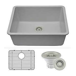 23" x 18" Quartz Kitchen Sink, Single Bowl Kitchen Sinks, Drop in Kitchen Sink, Granite Composite Kitchen Sink, Undermount Sink, Galaxy White Kitchen Sink, Includes Grid, Strainer, Flange, LP-2318-W
