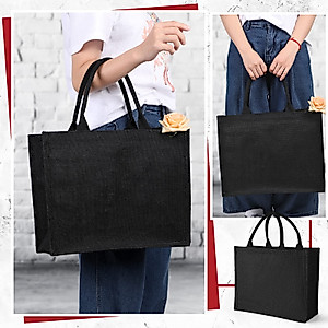 10 Packs Black Burlap Tote Bags Wedding Jute Tote Gift Bags Burlap Bags with Handles Large Blank Reusable Shopping Tote Kitchen Reusable Grocery Bags for Bridesmaid DIY Craft, 15.35 x 5.91 x 12.2 Inch