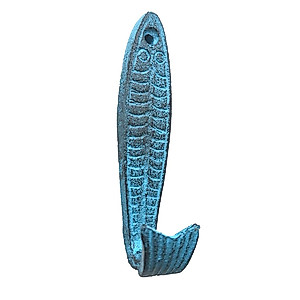 The Bridge Collection Cast Iron Fish Shaped Wall Hook - Metal Indoor Outdoor Beach Wall Hooks for Coastal, Tropical, Lake Home Decor - Coat, Towel, Key Hook (Light Blue)