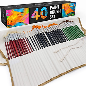 40 Pieces Professional Artist Paint Brush Set with Storage Case - Includes Round and Flat Art Brushes with Hog, Pony, Nylon Hair Bristles - Perfect for Acrylics, Watercolor, Gouache, Oil and Fabric
