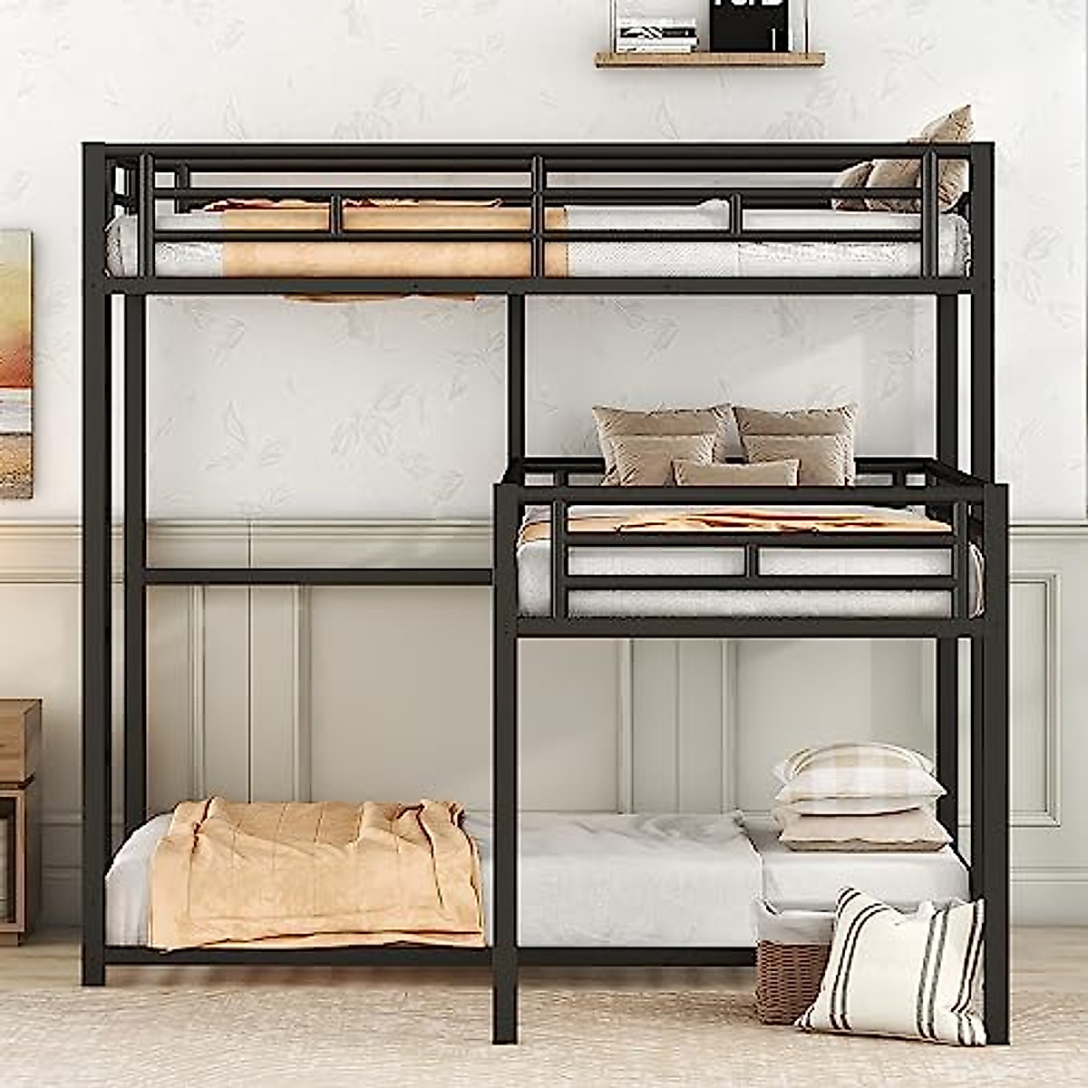 TARTOP Metal Triple Bunk Bed Twin Size, L-Shaped Metal Triple Bunk Bed Frame, 3 Beds Bunk Bed for Kids Teens Adults - Black