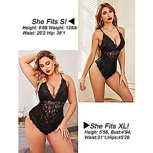 Avidlove Sna-p Crotch Lingerie Women Deep V Lace Teddy Bodysuit One Piece Babydoll(Black,XL)