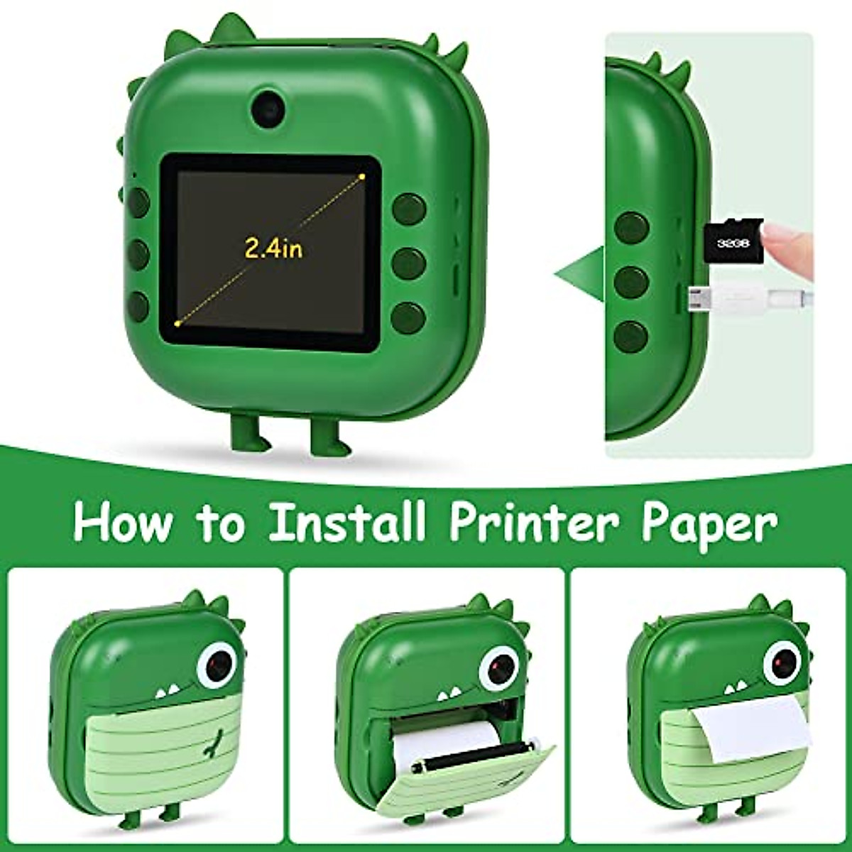 Ainiv Instant Print Cameras for Kids, 2.4 Inch Kids Digital Camera with Dual Camera, 1080P Kids Camera with Print Papers&5 Color Pens, 32GB SD Card, Gift for 3-12 Year Old Boys Girls-Green