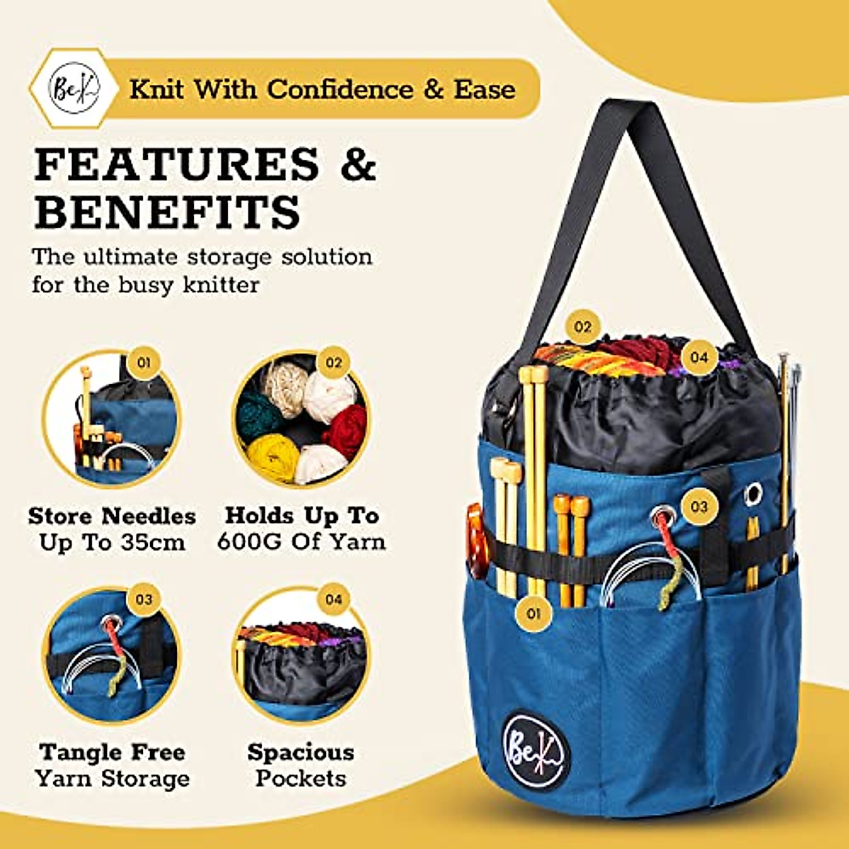 BeKnitting Knitting Bag Backpack - Convertible Yarn Storage Organizer for Knitting & Crochet Supplies - Collapsible Yarn Bag for Crocheting, Knitting, and Other Crafts
