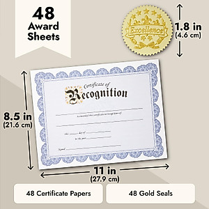48 Sheets Blue Certificate of Recognition Award Paper with Gold Foil Sticker Seals for Graduation Diploma, Achievements (8.5 x 11 in)