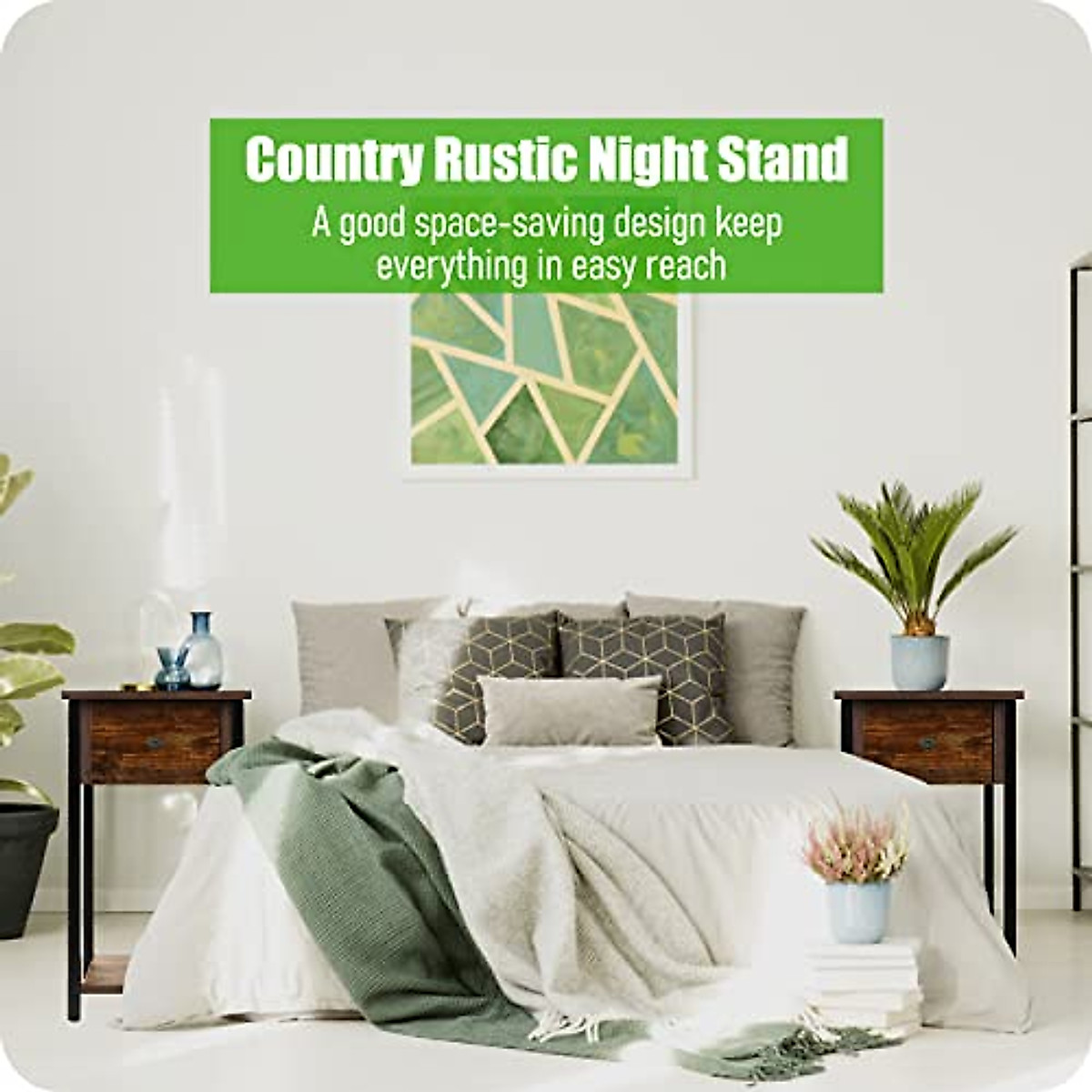 ECOMEX 2-Tier Nightstand Side Table with Wooden Drawer and Open Wooden Shelf Solid Metal Legs Rustic Brown Industrial Wooden Bed Side Table for Bedroom Living Room Small Space, Tall