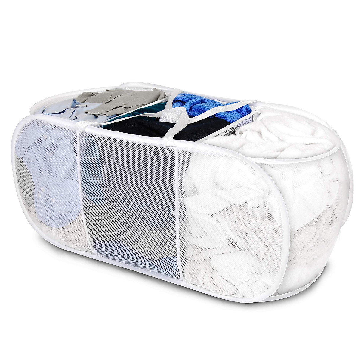 Smart Design Deluxe Mesh Pop Up 3 Compartment Laundry Sorter Hamper Basket - VentilAir Fabric Collapsible Design - for Clothes & Laundry - Home Organization (Holds 6 Loads) (33 x 15 Inch) [White]