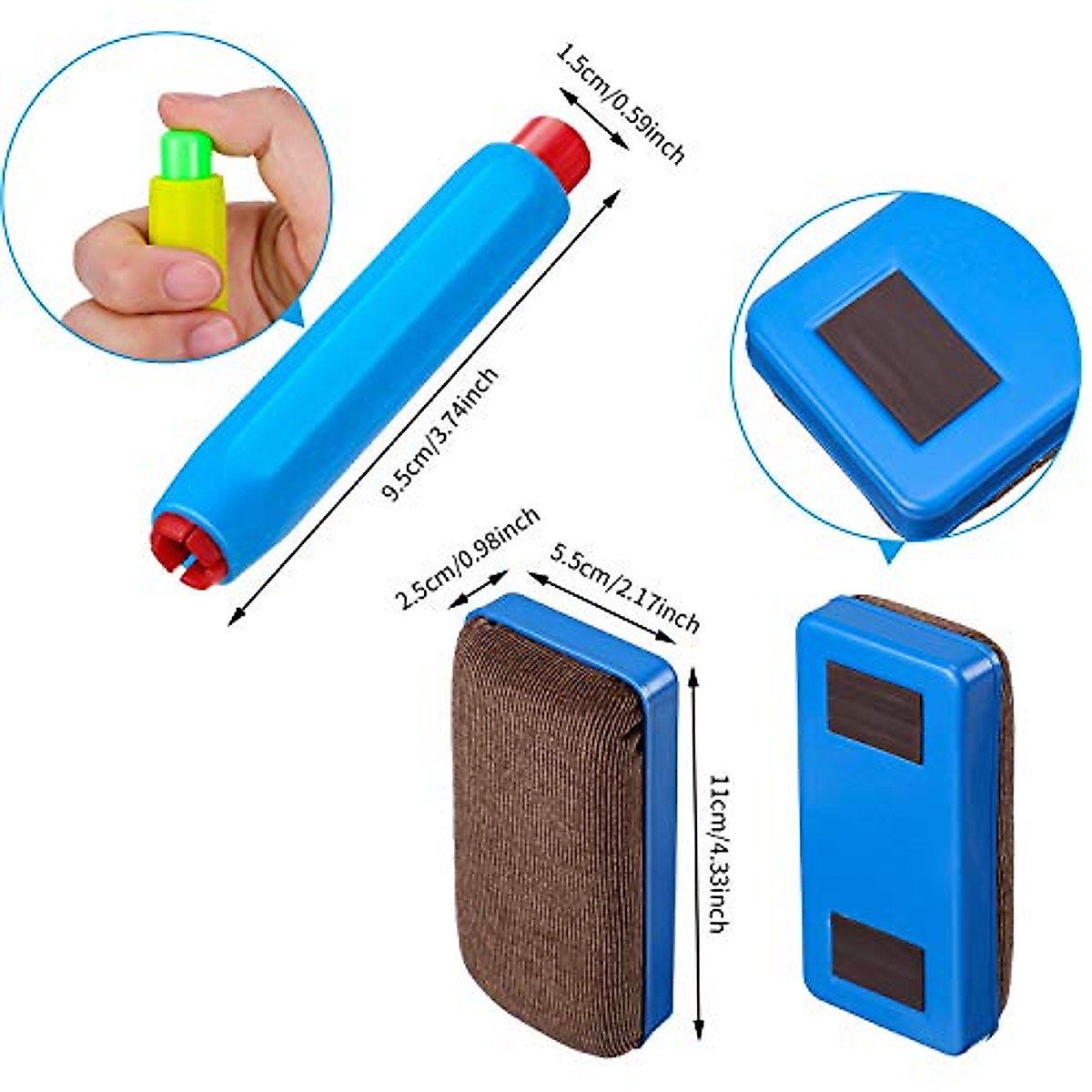 10 Pieces Colorful Plastic Chalk Holder Adjustable Chalk Clips with Storage Case and 2 Pieces Magnetic Chalkboard Erasers for School Office Whiteboard Supplies