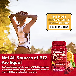 Vitamin B12 5000mcg and Vitamin D3 5000 IU Gummies, 60 Count | Delicious Fruit Punch Flavor, Vitamin D and Methyl B12 Vitamins for Energy and Immune Support
