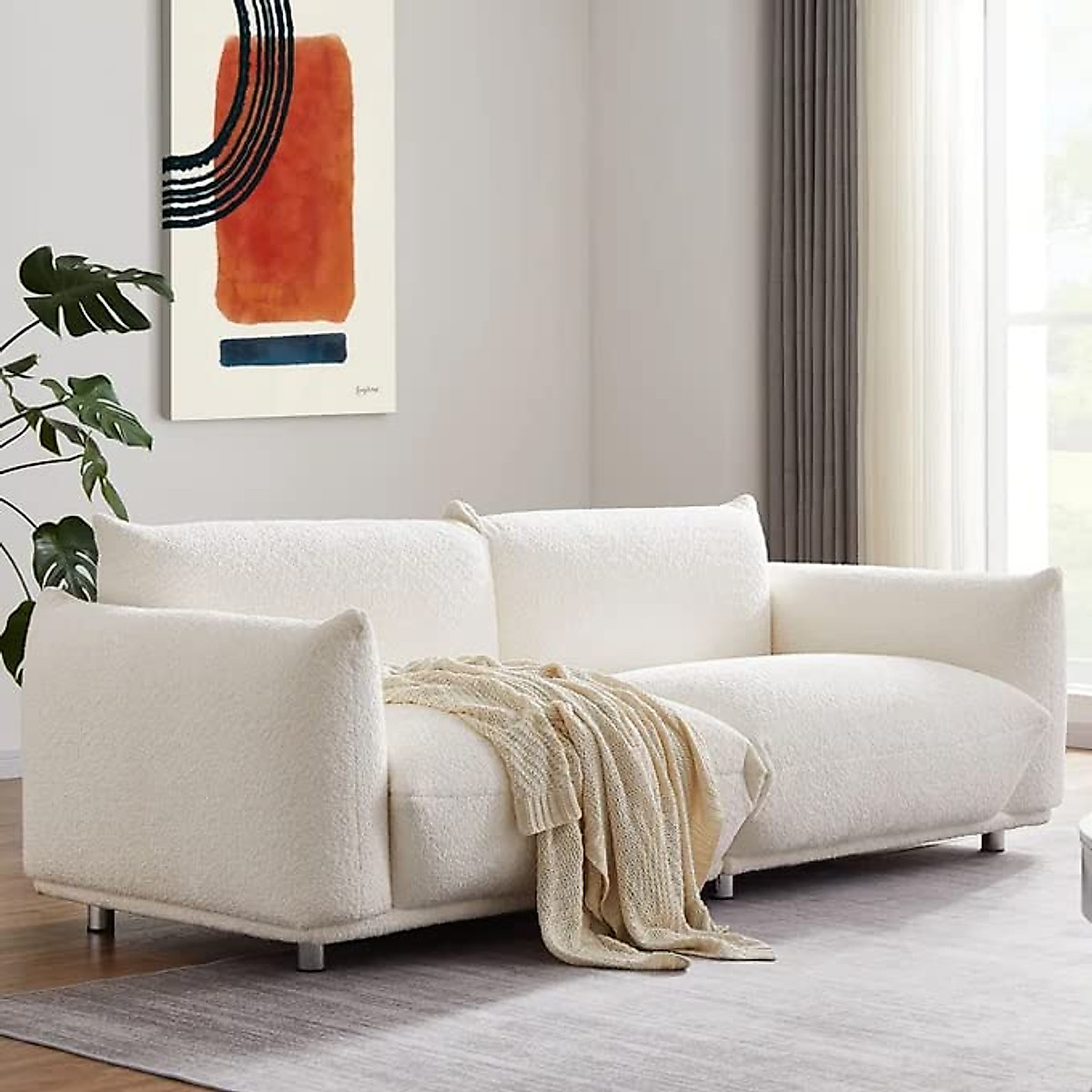 JSCHZ Comfy Couch Loveseat Sofa, Sherpa Teddy Oversized Loveseat Sofa Overstuffed Cloud Couch Extra Deep-Seat-Filled Couch for Small Spaces, Living Room, Apartment, (White)