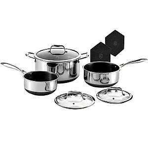 HexClad Hybrid Nonstick 6-Piece Pot Set with Trivets, 2, 3, and 8-Quart Pots with Tempered Glass Lids, 2 Silicone Trivets Included, Dishwasher Safe, Compatible with All Cooktops