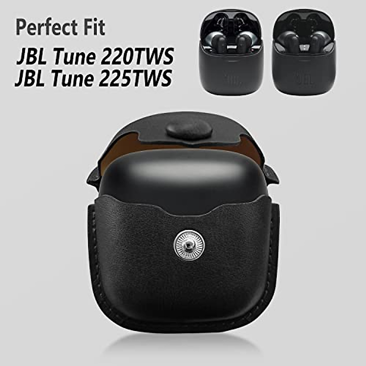 Geiomoo Leather Case Compatible with JBL Tune 220TWS, JBL Tune 225TWS, Portable Protective Cover with Keychain (Black)